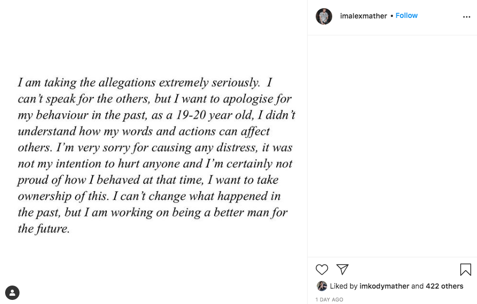 Darling Brando member Alex Mather responds to sexual misconduct allegations
